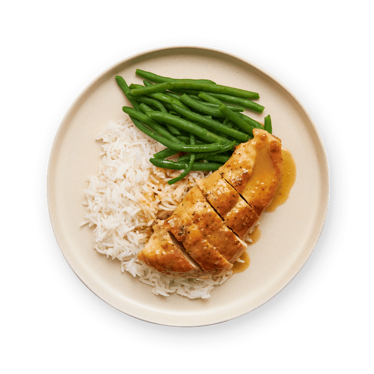 Jow - Recette : Poulet au beurre citronné, riz & haricots verts
